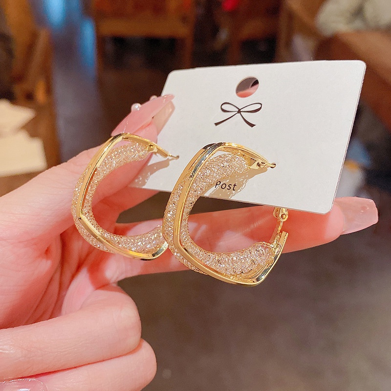 925 silver needle Luxury Geometric Earrings High Sense hollow Hoop ...