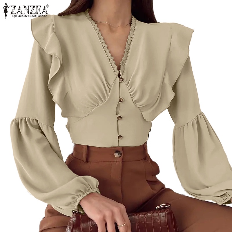 Celmia Zanzea Women Lantern Long Sleeve Blouse Ruffled V Neck Lace