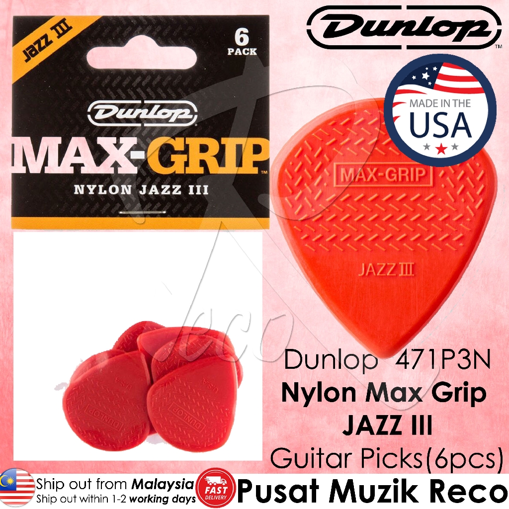 Dunlop 471P3N Nylon Max Grip Jazz III NON SLIP Guitar Pick 1.38mm 【6pcs ...