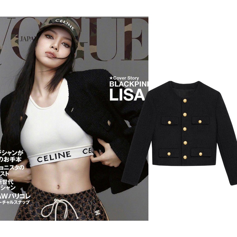 Blackpink Lisa British Style Black Women's Short Wool Tweed Multi ...