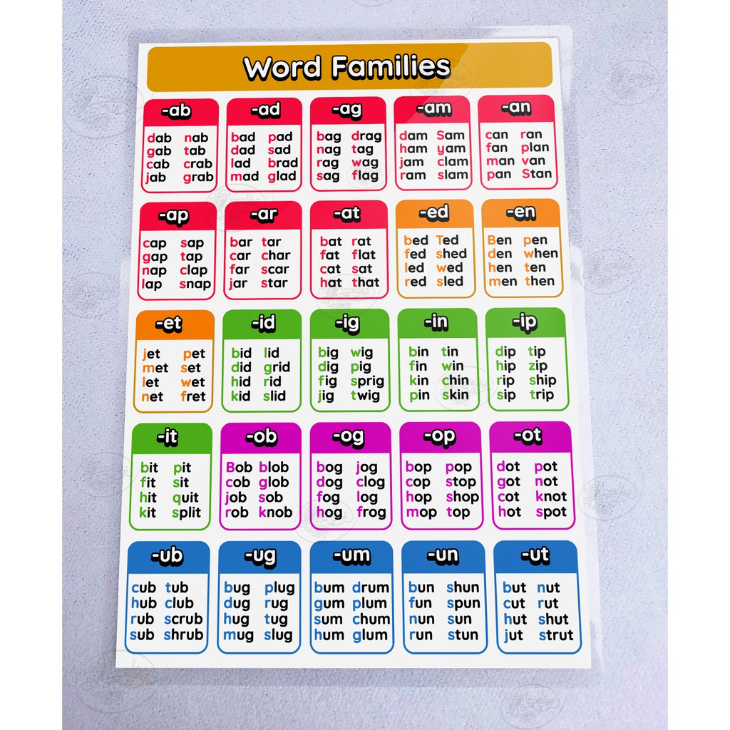 Word Families and CVC (Laminated A4 size) Reading Educational Chart ...