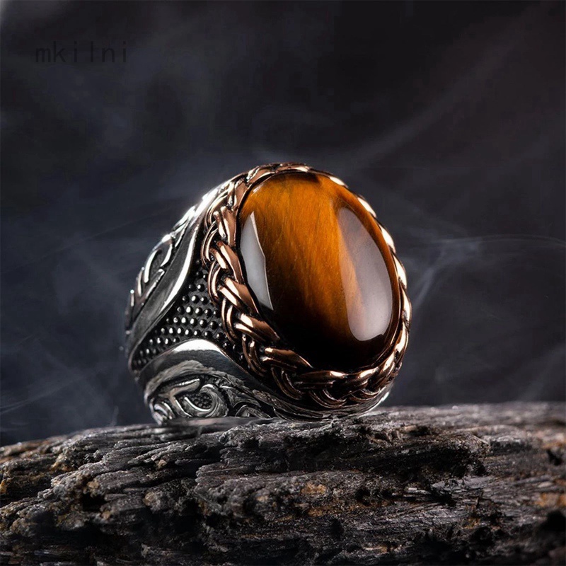 Fation Vintage Brown Tiger Eye Stone Ring For Men Women Turkish ...
