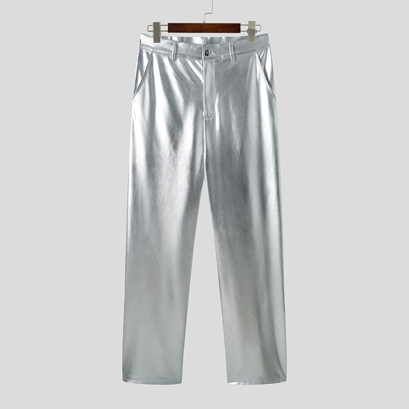 INCERUN Men's Silver Pants Straight Loose Fit Party Shining Trousers ...