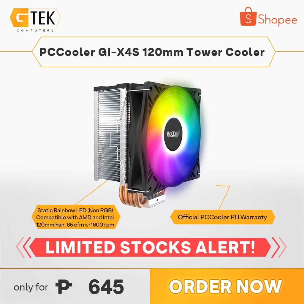 PCCooler GI-X4S 120mm Rainbow Fan 4 Heatpipe Tower CPU Cooler 145W TDP ...