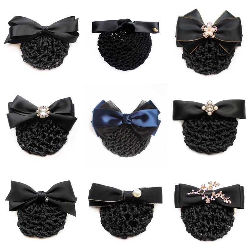 Lace Ribbon Bowknot Rhinestone Snood Net Elastic Hair Clip Uniform Hair ...