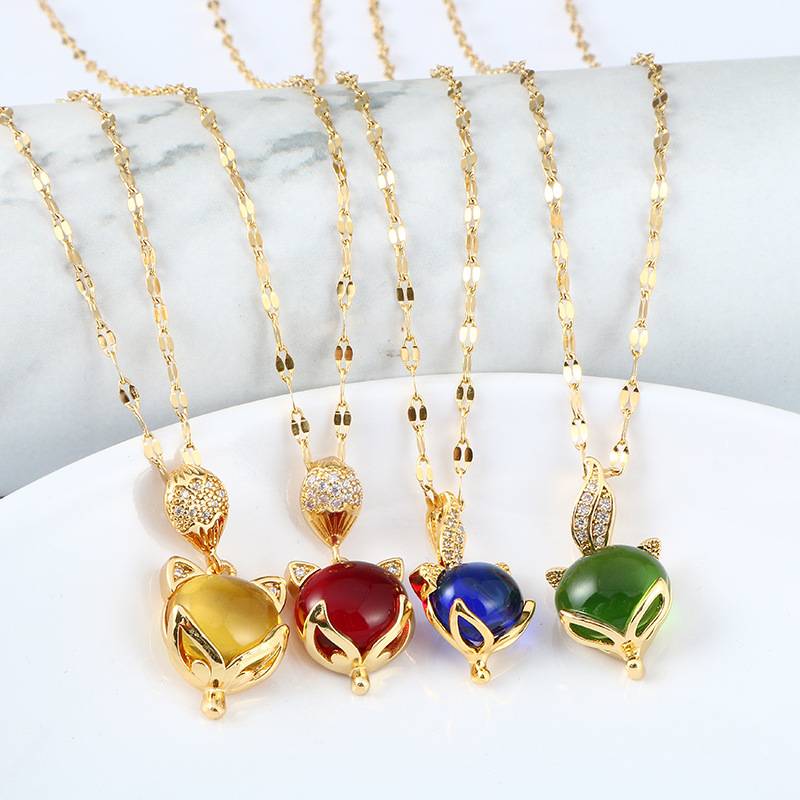 5-color crystal fox Pendant Necklace Opal pendant titanium steel ...