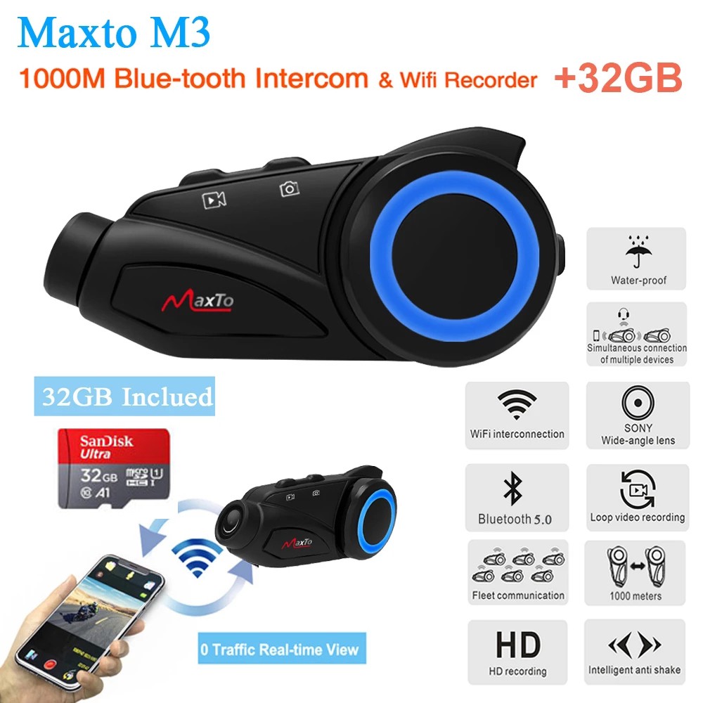 Maxto M3 1000m Motorcycle Intercom Headset Sony HD Wide Angle Lens ...
