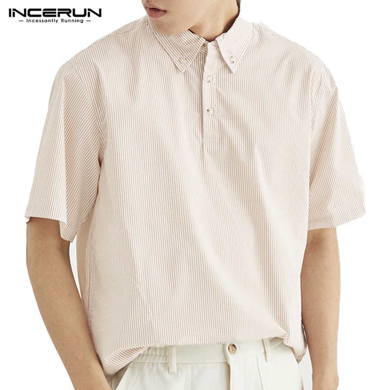 INCERUN Men Simple Style Leisure Striped Short Sleeve Button Up Polo ...