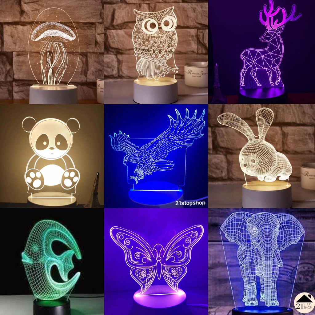Animals 3D Acrylic LED Lamp jellyfish Owl rabbit eagle deer fish ...