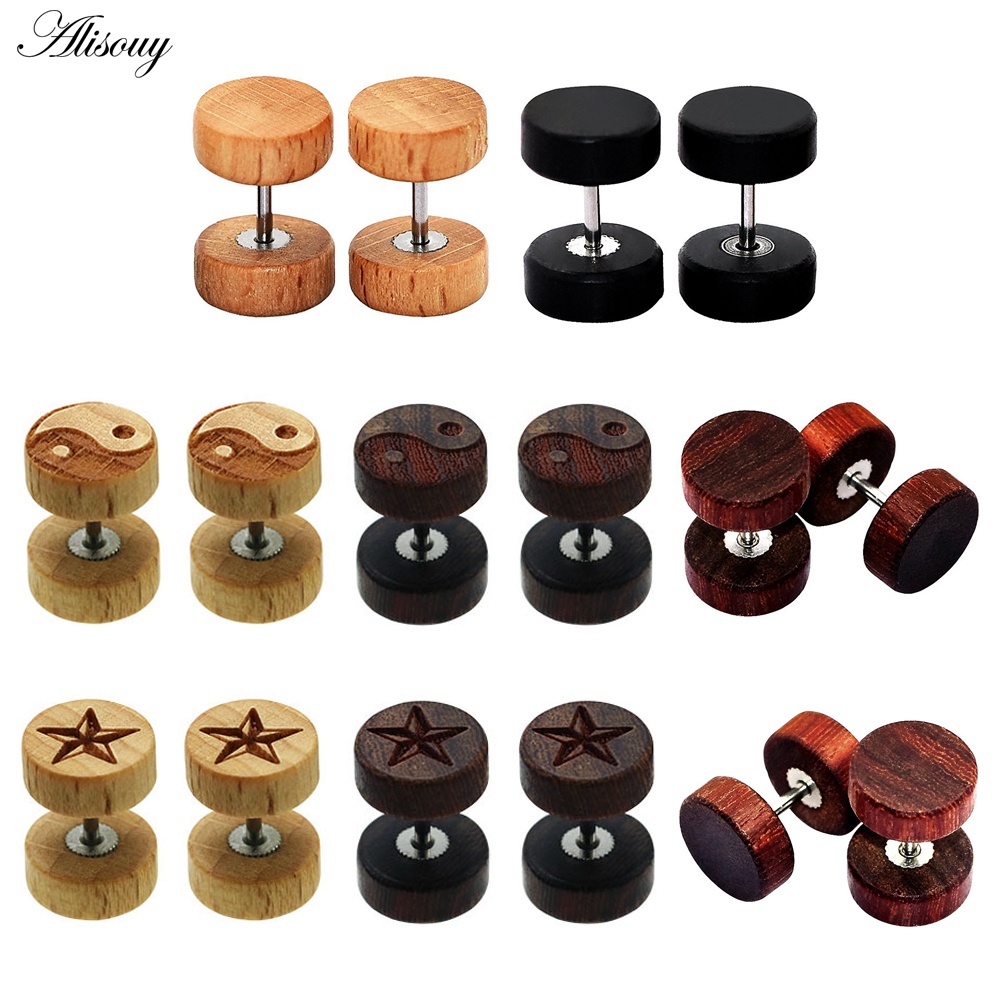 Alisouy 2Pieces Punk Wooden Ear Stud Earrings Natural Brown Black 6/8 ...