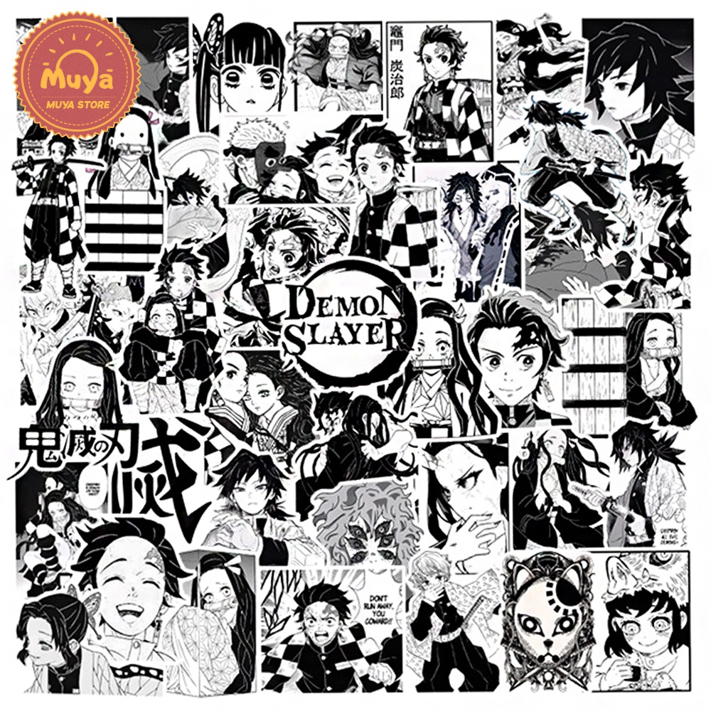 MUYA 50pcs Demon Slayer Anime Stickers Black and White Japanese Cartoon ...