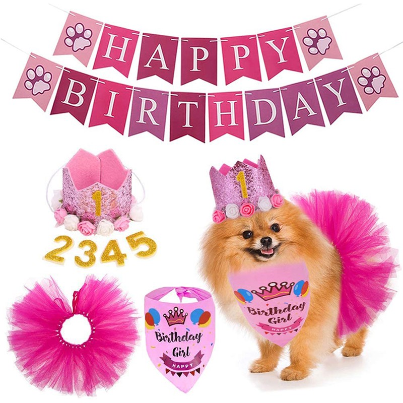Pink and Blue Dog Birthday Bandana Crown Tutu Skirt and Banner Sets ...