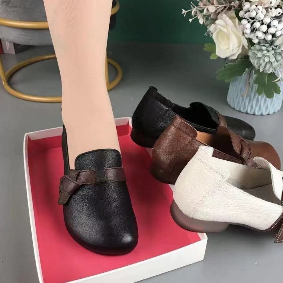Leather Women S Single Shoes 2022 New Round Toe Soft-Sided Beef Tendon ...