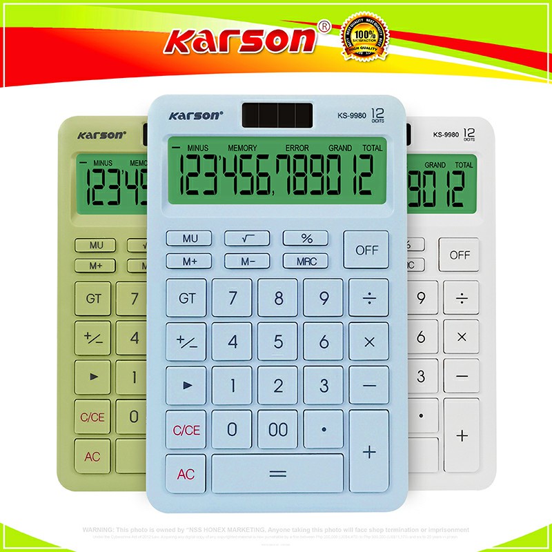 KARSON ELECTRONIC CALCULATOR 12 DIGIT BIG DISPLAY PLASTIC KEY SOLAR ...