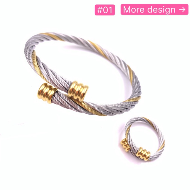 PIA Stainless 2in1 Set Twisted Cable bangles&Ring For His&Her W/Box ...