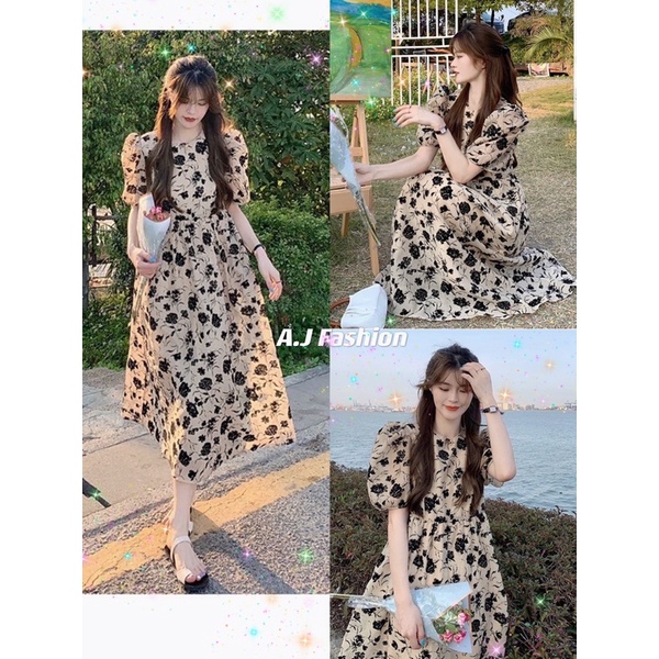 #619 Korean New long black flower Printed maxi dresses | Shopee Philippines