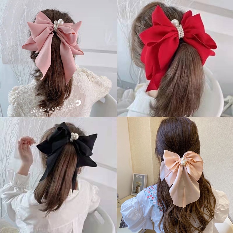 Korea Large Bow Pearl Ribbon Hair Clip Girl Cute Hairpin D | Shopee ...