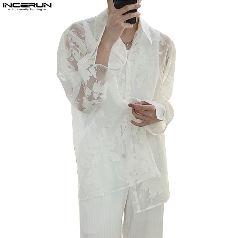 INCERUN Mens Mesh See-through White Printed Button Down Long Sleeve ...