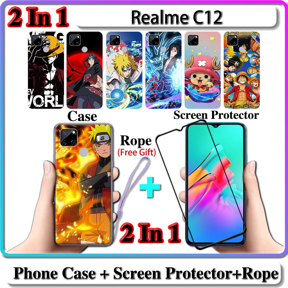 2 IN 1 Case Realme C12 Case with Tempered Glass Curved Ceramic Screen ...