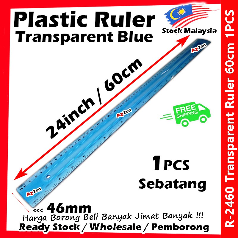 Plastic Ruler Transparent Blue Ruler 60cm / 24inch Pembaris Plastic ...