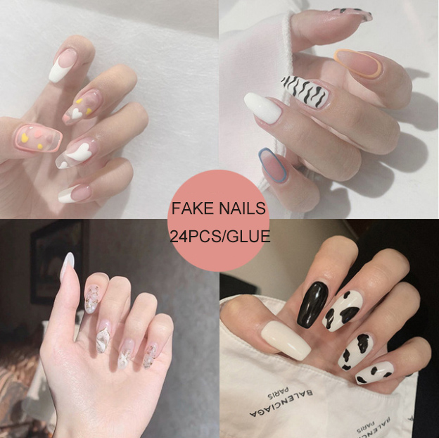 【With Glue】 24Pcs/Set Fake Nails Peach Powder Princess French Manicure ...