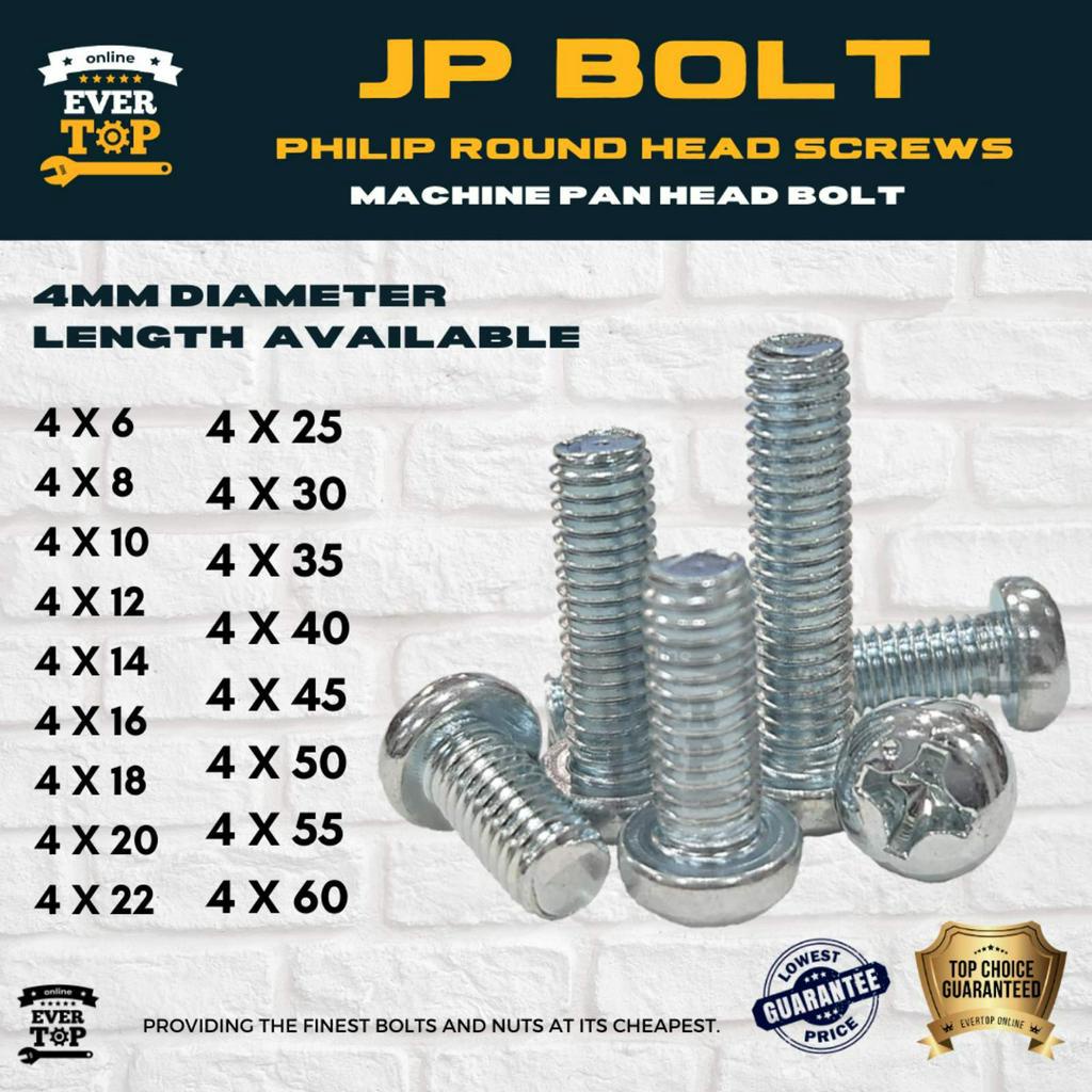 4MM (0.7P) Machine Panhead JP Bolt Phillips Screw Galvanized (GI ...