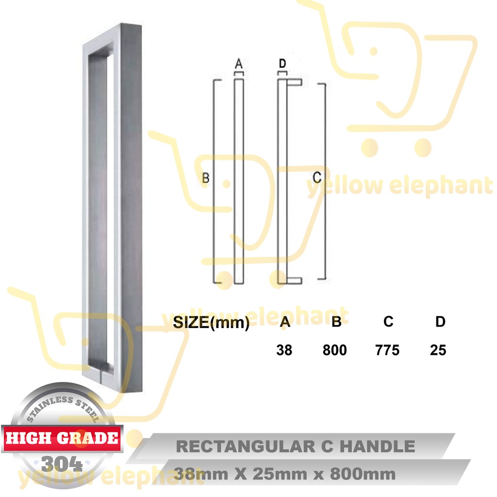 Stainless Steel 304 Rectangular C Type Door Handle (38mm X 25mm 800mm ...