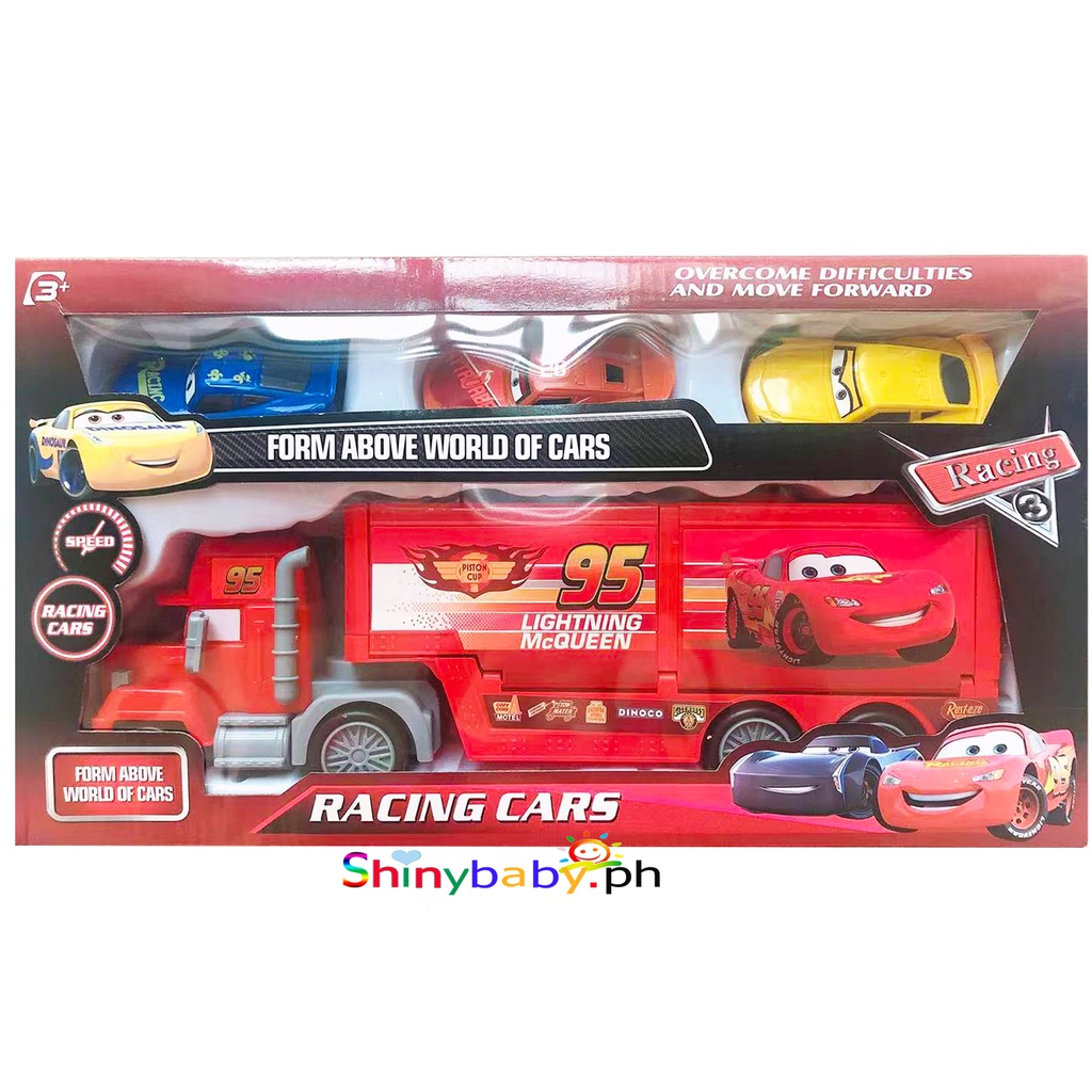 Large inertia car with three small pull-back cars and container truck ...