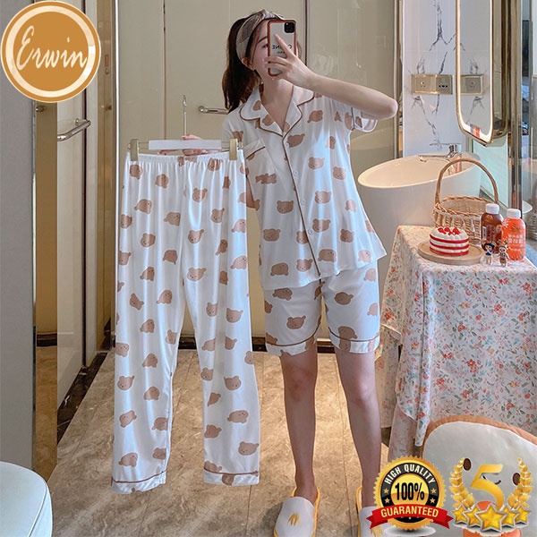 Cotton women 3in1 bear print pajama sleepwear, Korean casual loose ...
