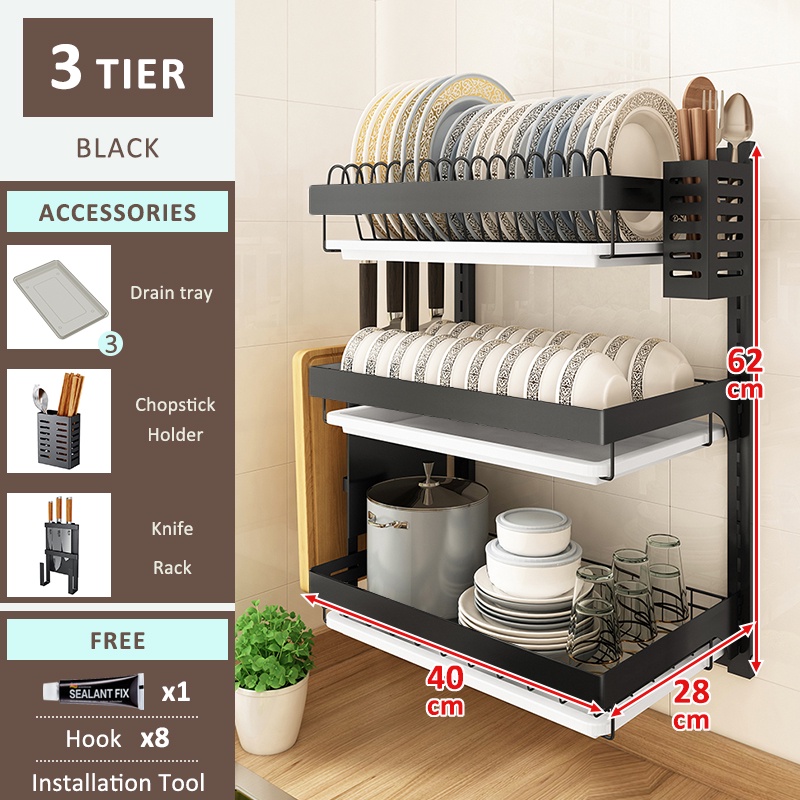 Lifinity 2/3 Tier⭐Adjustable⭐Dish Rack Wall Mount Stainless Steel ...