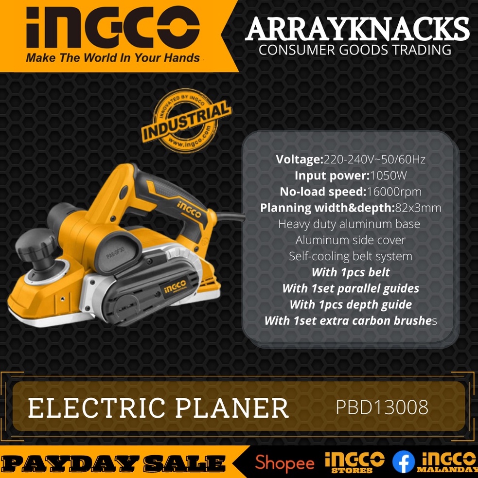 INGCO Electric Planer 1050w (PL10508) POWERTOOLS | Shopee Philippines