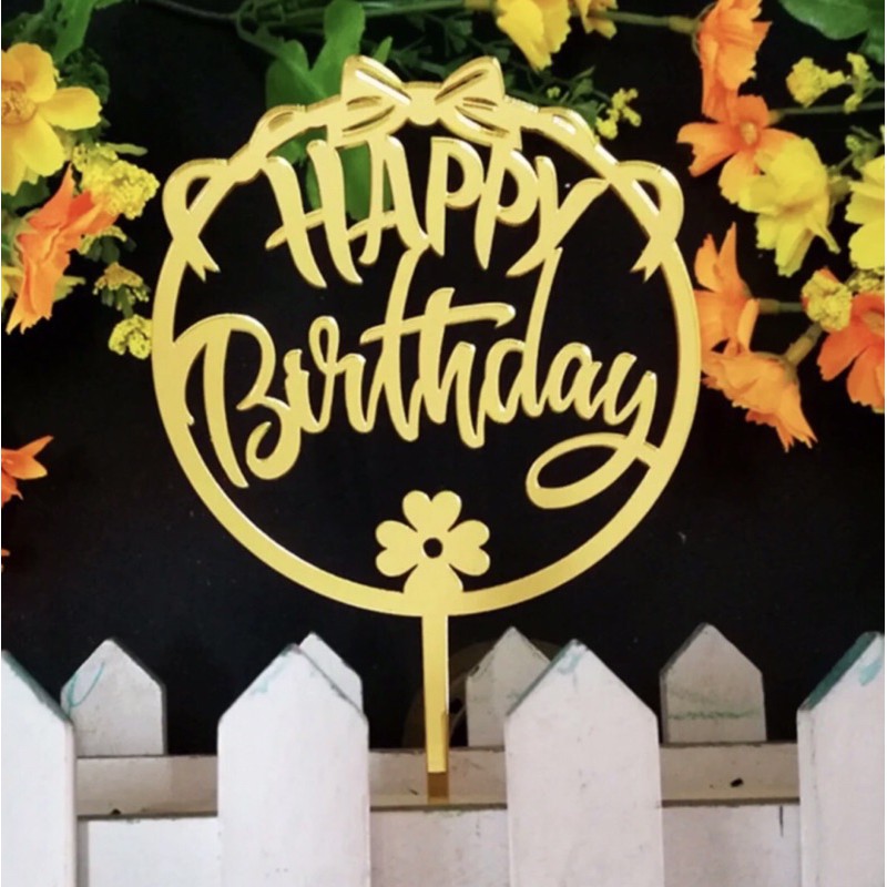 Ribbon flower round gold acrylic happy birthday topper | Shopee Philippines