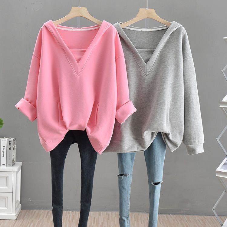 Ladies hooded sweater spring and autumn long sleeve solid color plus ...