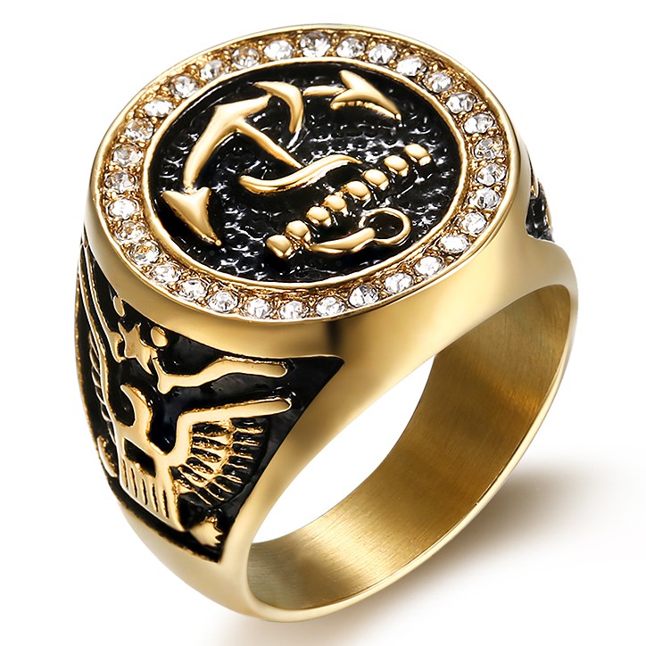 Mens Gold Military USN US Navy Eagle Diamond Marine Anchor Ring For Men ...