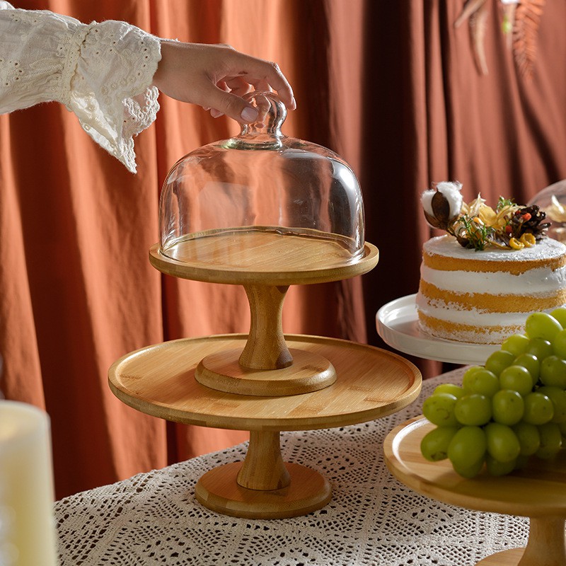 Bamboo Cake Stand With Glass Lid for Cakes, Pastries, Bread Baking ...