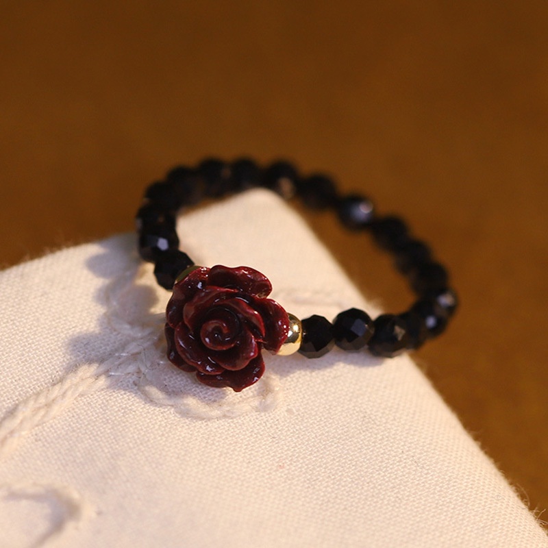 Flower Sweet Fresh Hand-Woven Black Crystal Rose Elastic Ring | Shopee ...