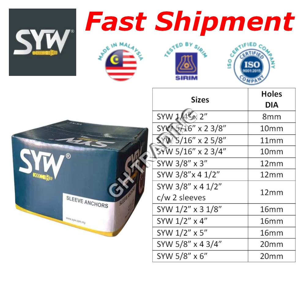 SYW Sleeve Anchor 5/16 3/8 Metal Wall Plug Screw Wall Plug Besi Skru ...