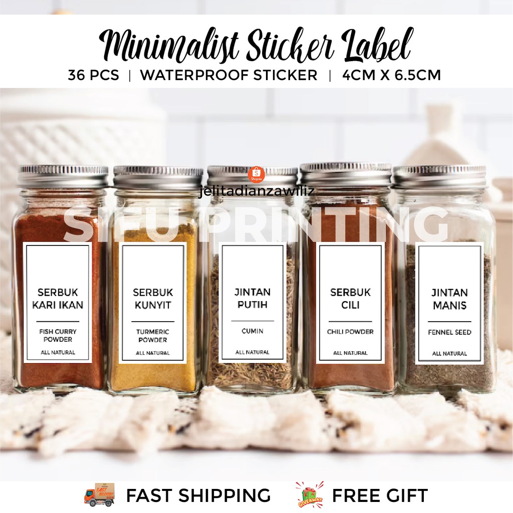 36 PCS MINIMALIST STICKER LABEL STICKER DAPUR 4cm x 6.5cm Kitchen Label ...