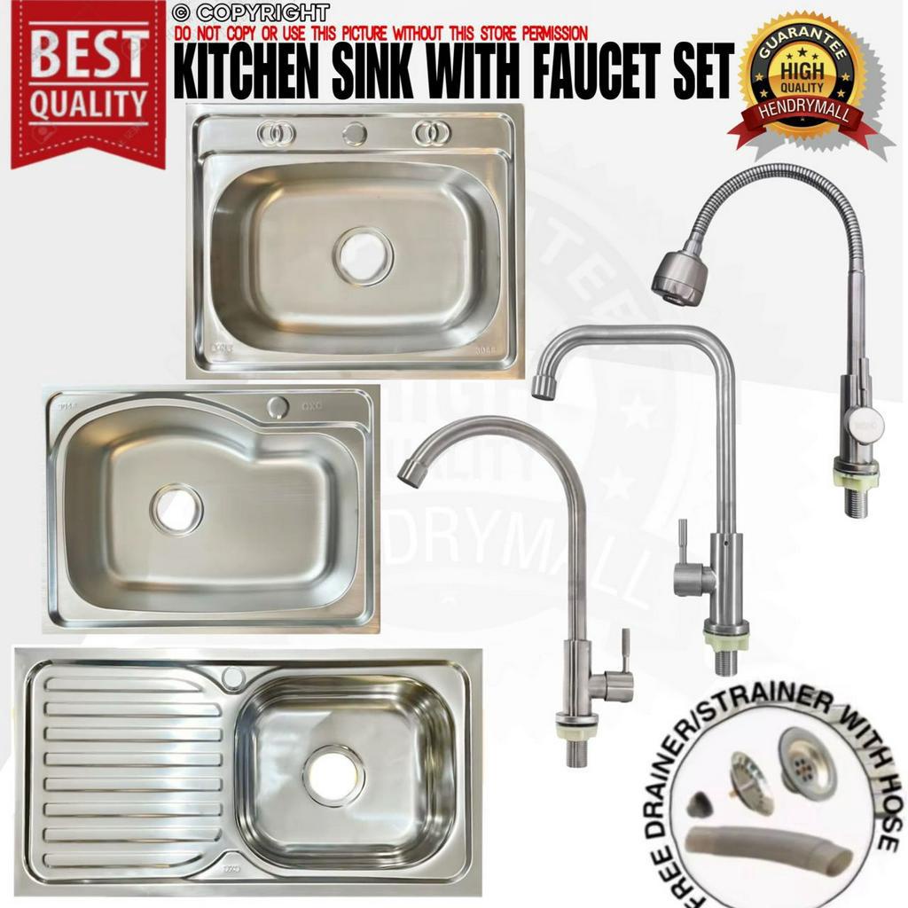 SUS 304 KITCHEN STAINLESS STEEL SINK WITH GOOSENECK FAUCET SET WITH STRAINER / PIPE ( LABABO ...