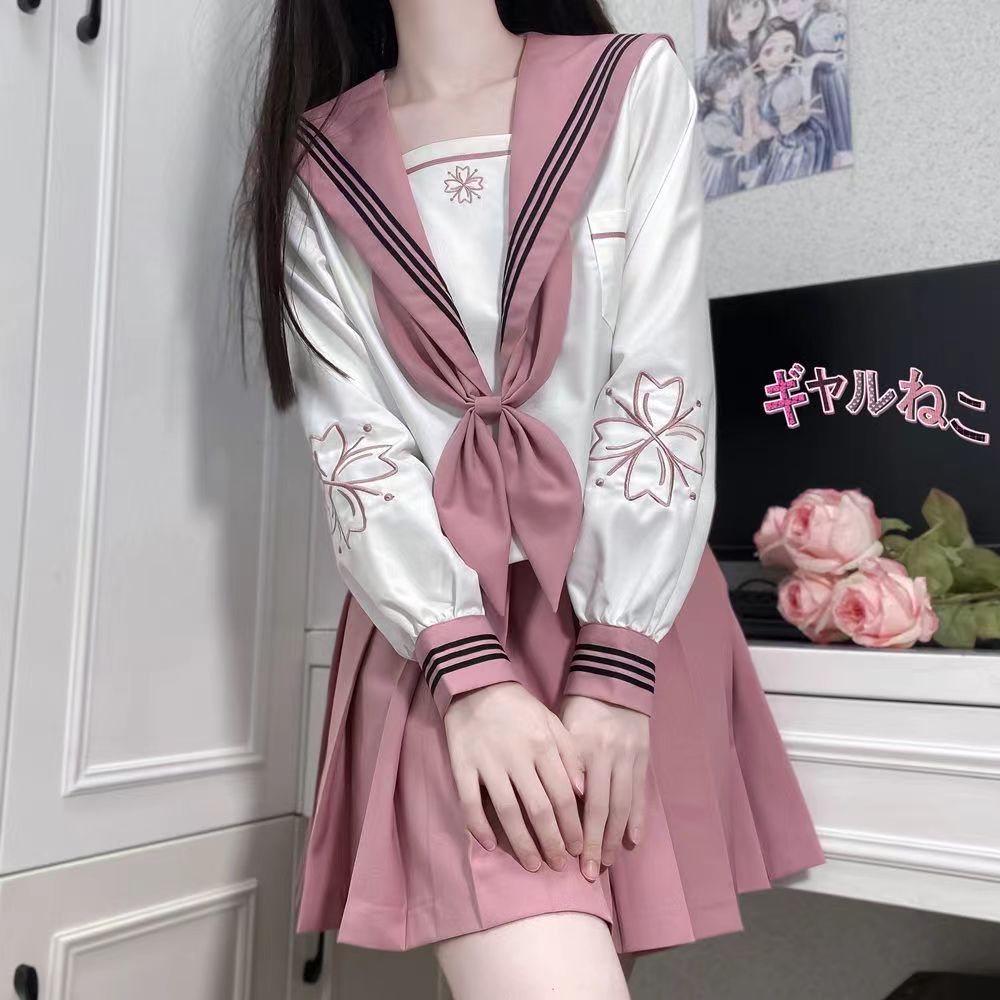 Japanese JK student uniform set pink girl flower embroidery sailor suit ...
