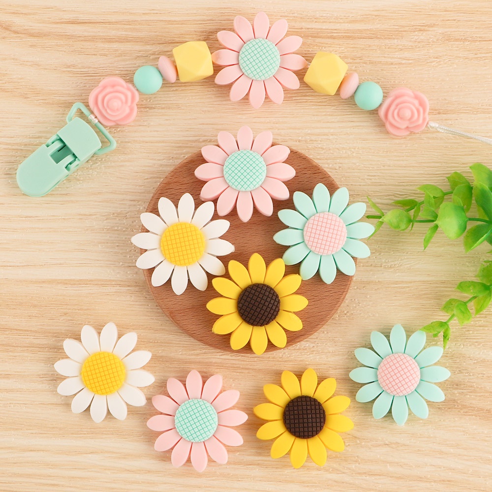 5pcs 40mm Silicone Beads Sunflower BPA Free Baby Silicone Teether Food ...