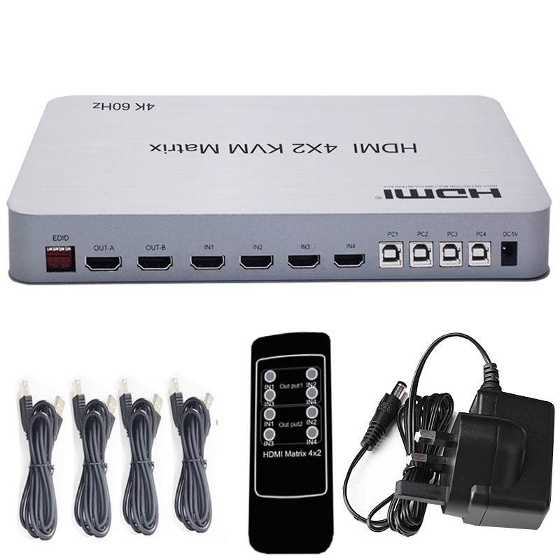 4X2 HDMI KVM Matrix Switch Splitter 4 input 2 output Dual Display 4K 60Hz Can USB 2.0 Wired ...