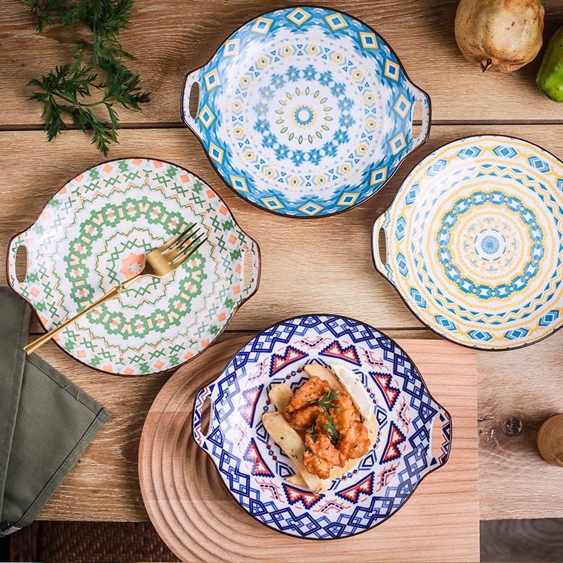 Bohemian Style Dual Handle Plate Ins Western Food Deep Plates Ceramic ...