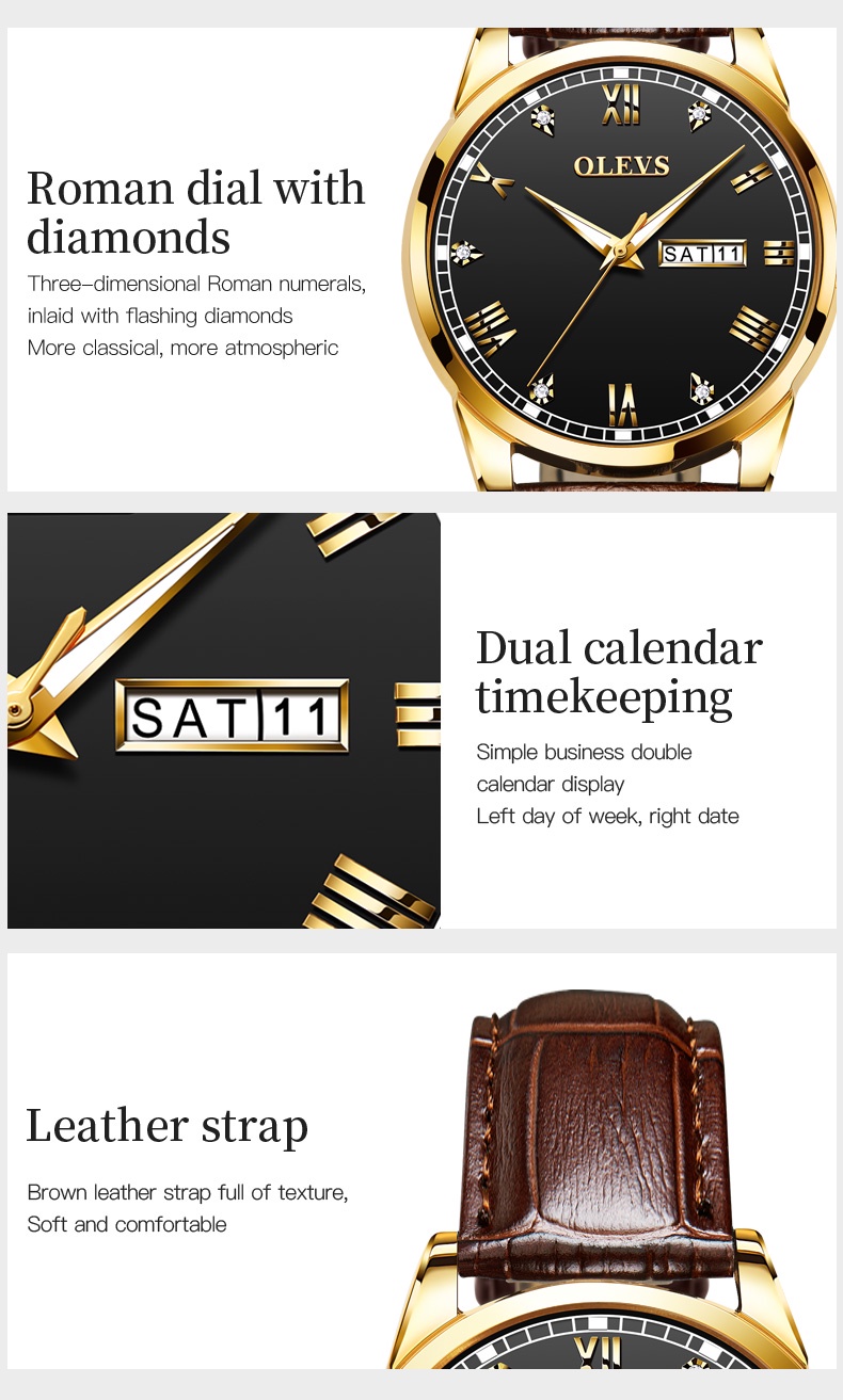 Olevs Watch For Men Leather Original Waterproof Relo Quartz Luminous ...