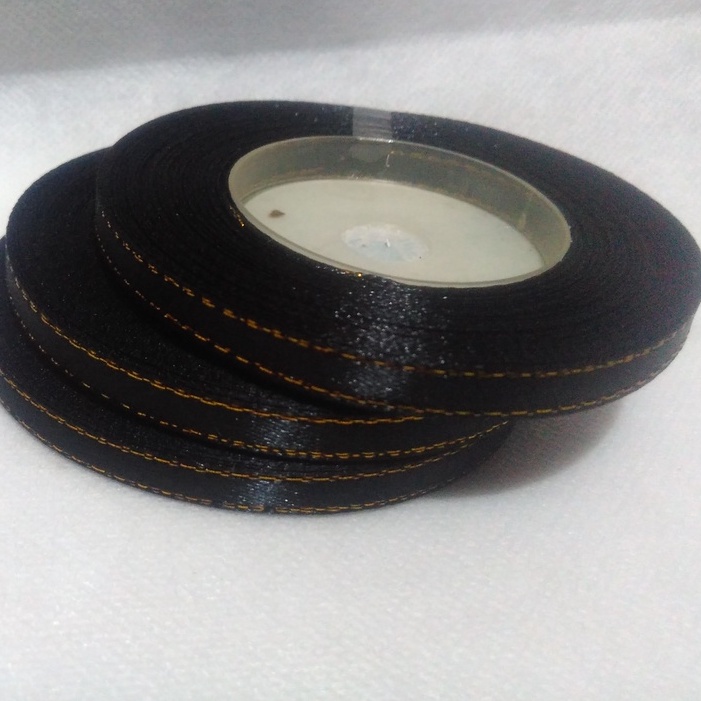 HITAM 1/4 inch Black Gold Trim Satin Ribbon 25yard Contents | Shopee ...