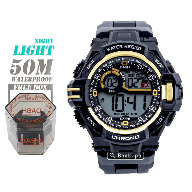 Original DASH Water Proof Men's Digital Light Watch Free Gift Box#1638 ...