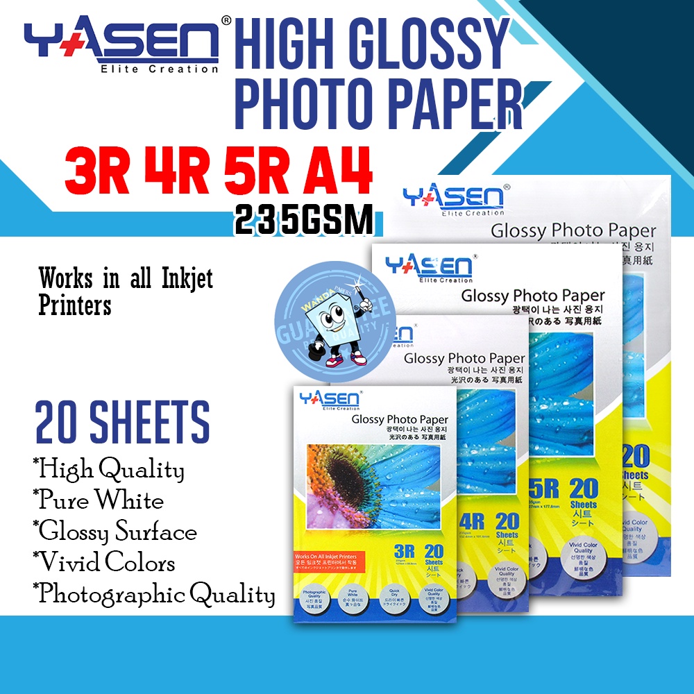 Yasen With Back Print Glossy Inkjet Photo Paper A4 3R 4R 5R 235GSM 20 ...