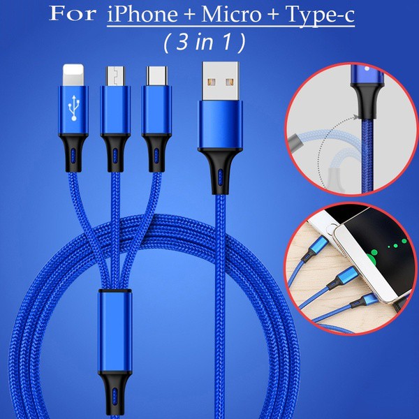 Original 3 IN 1 USB Cable For iPhone 8 X 7 6 6S Plus 5 5S Micro Usc ...