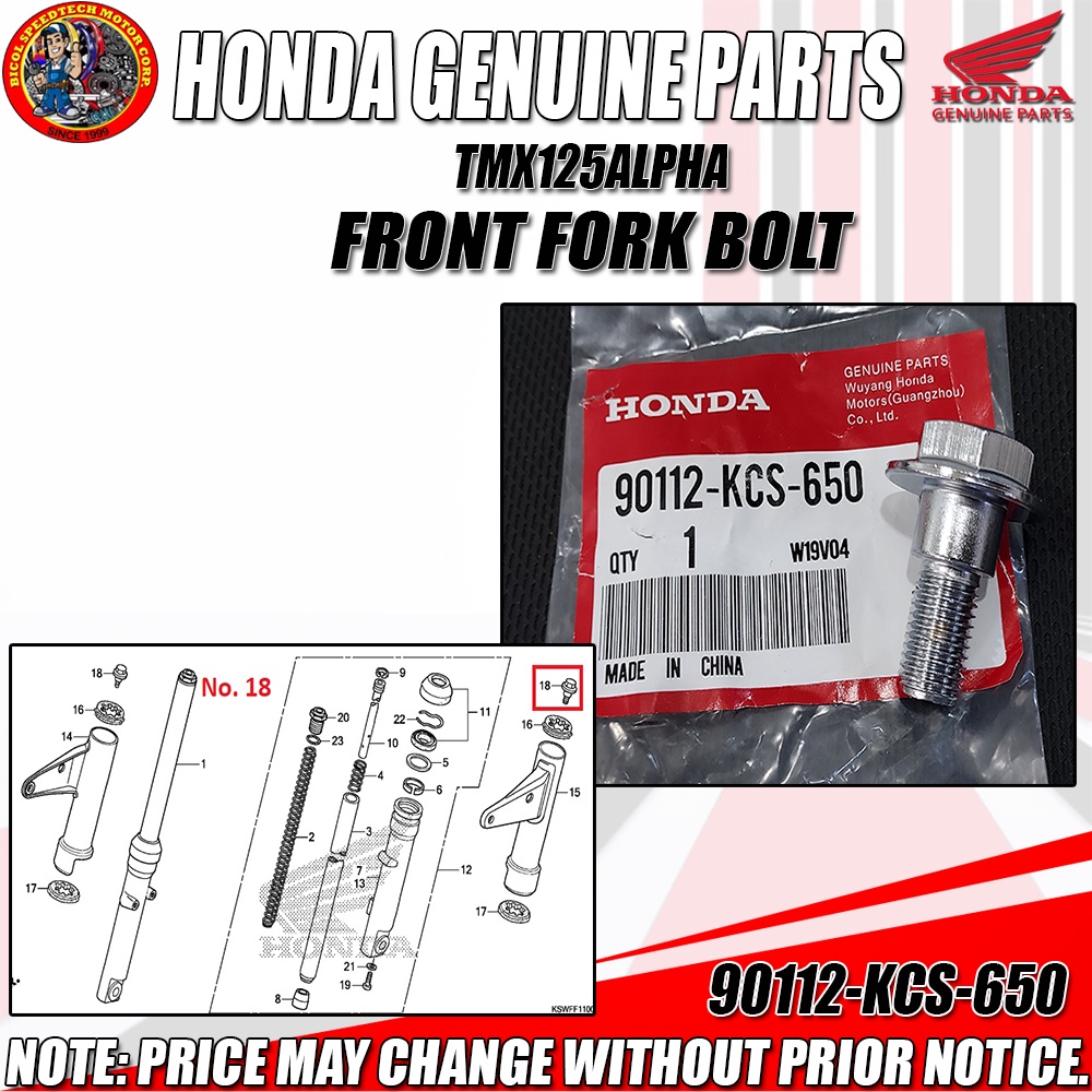 TMX 125 ALPHA/SR 125 FRONT FORK BOLT (HPI) (Genuine: 90112-KCS-650) | Shopee Philippines