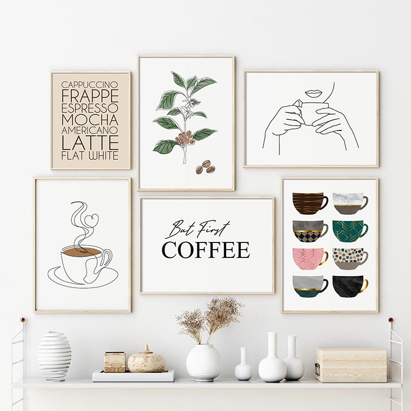 Abstract Coffee Line Drawing Poster Colorful Cup Nordic Minimalist ...